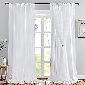 NICETOWN White Backdrop Curtains Overlapped with Tulle Backdrop Background Wall Drapes for Holiday Video Parties Weddings Baby Birthday Party Bridal, Space Divider (5' W x 8' L, 2 Pieces)