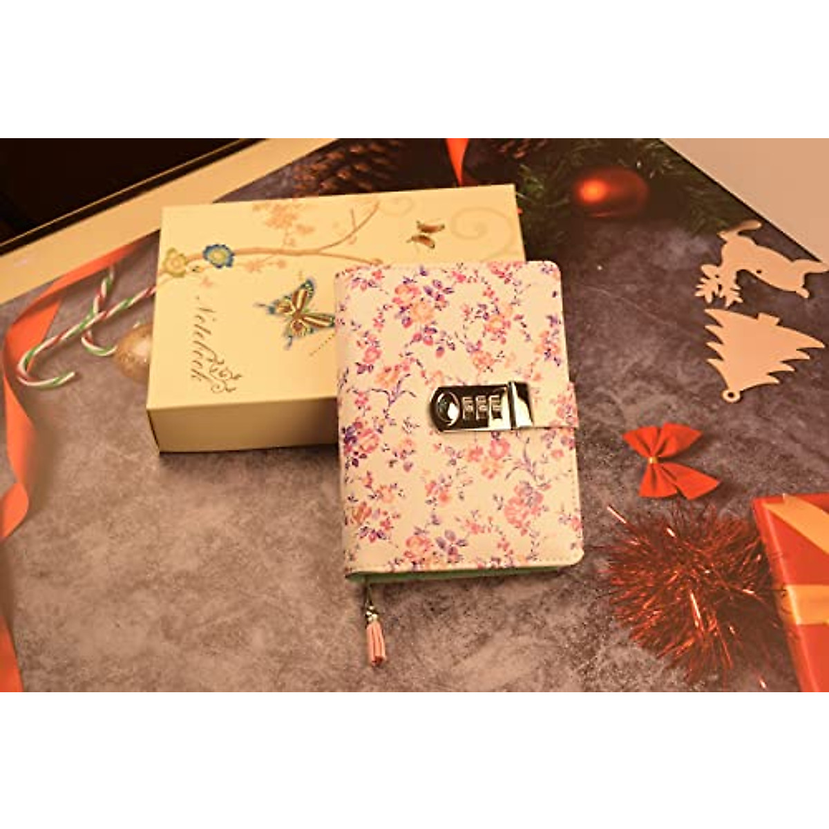 JunShop Floral Password Diary with Lock A6 Refillable Locking Journal PU Leather Combination Locked Diary Journal (Purple)