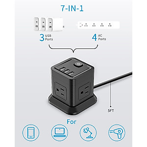 Power Strip with USB, FDTEK Flat Plug Extension Cord with 4 AC and 3 USB, 5 FT Power Cord Desktop Charging Station, Overload Protection, Compact Portable for Travel Home Office Cruise Ship - Black