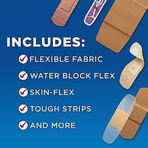 Band-Aid Adhesive Bandage Family Variety Pack in Assorted Sizes Featuring Water Block & Skin Flex, Flexible Fabric, Tough Strips & Pixar Character Bandages, 110 Count