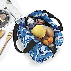 Blue Camo Lunch Bag for Men Women Insulated Cooler Tote Reusable Lunchbox with Front Pocket Large Containers Work Picnic Fishing