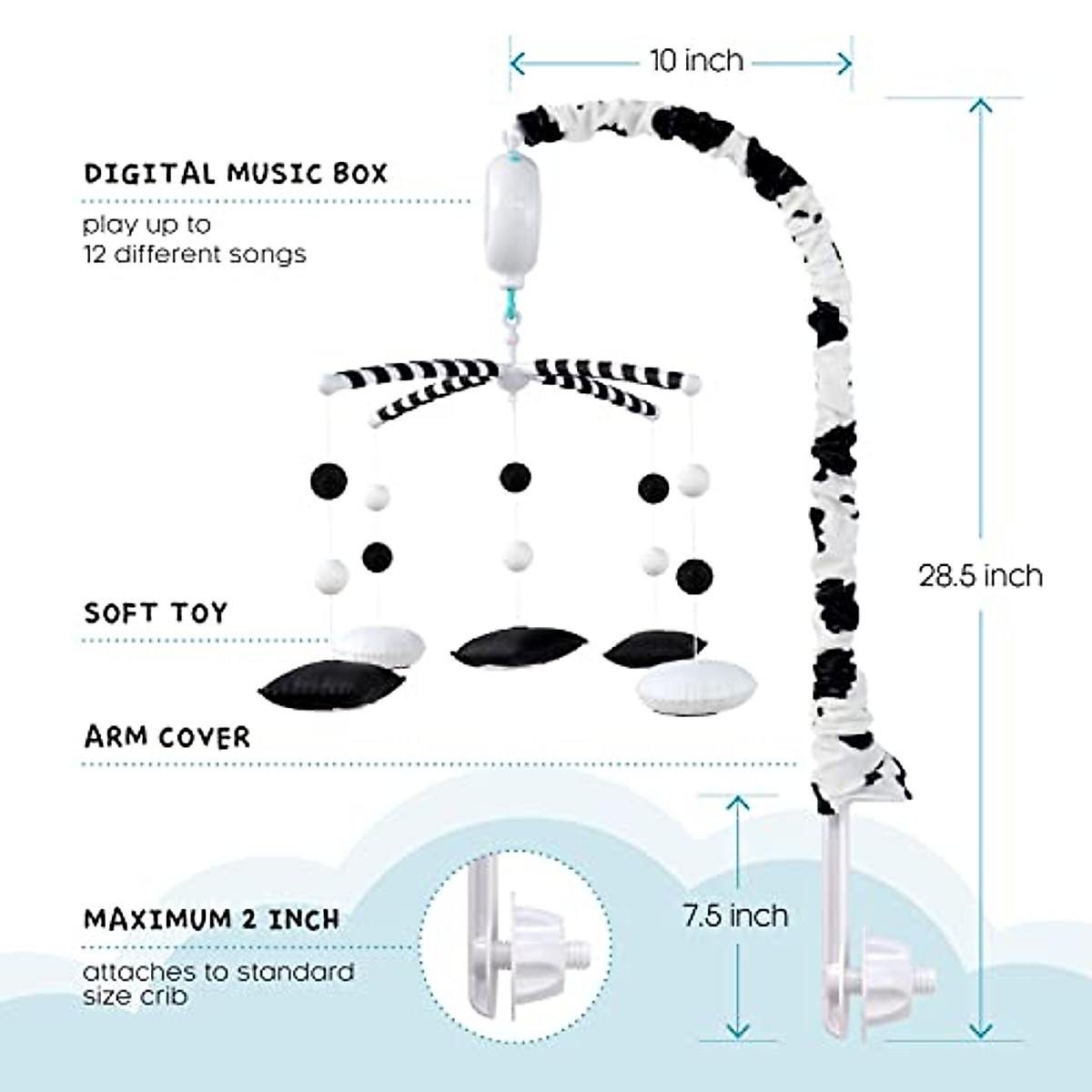 EVERLOVE | Montessori Mobile Baby for Crib | Digital Music Box with 12 lullabies & 3 Modes (Rotating only, Music only, Rotating with Music) - Black and White Baby Mobile for Boys & Girls