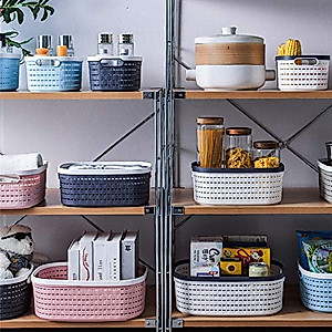 2 Pack Plastic Storage Basket Pink, Large Plastic Woven Basket with Portable Handle, Kitchen Pantry Refrigerator Desktop Storage Boxes for Cabinet Freezer Bathroom Closet, 15” x 10” x 6”