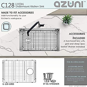 AZUNI 28 inch x 18 inch Single Bowl Undermount 16 Gauge Reversible Deep Stainless Steel Kitchen Sink with Bottom Grid and Luxury Basket Strainer, C128