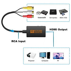 SunimDHi RCA to HDMI Converter, AV to HDMI Adapter, Support 1080P/720P,Compatible with HD TV/Projector/PS2/PS3/N64/STB/VHS/VCR/DVD/Blue-Ray Players