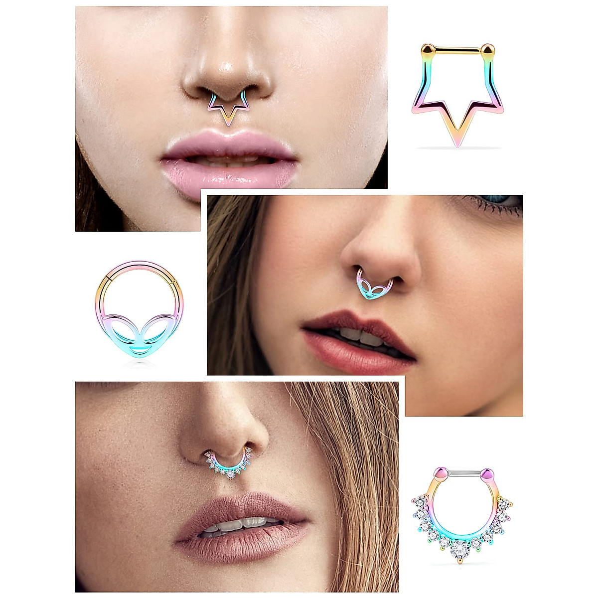 Vsnnsns 16G Septum Rings Piercing Jewelry Skull Septum Jewelry CZ Clicker Ring Stainless Steel Septum Hinged Segment Nose Rings Hoop Piercing Jewelry for Men Women 10mm Rainbow 9pcs