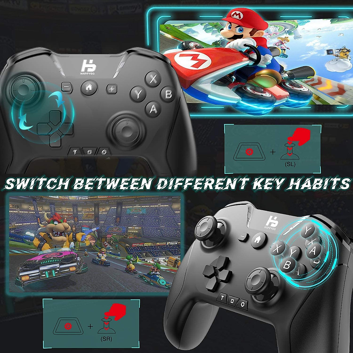 HAPPYDO Wireless Game Controller for Nintendo Switch/Switch Lite/PC/Phone/Ipad, Rechargeable Remote Bluetooth Gamepad with Joystick with Ergonomic Non-Slip, Adjustable Turbo and Vibration