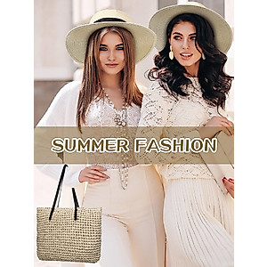 Straw Large Beach Bag for Women's Woven Beach Bag and Beach Hats Set Beach Earring Handmade Shoulder Bag Handbag Bohemia Set(Beige)