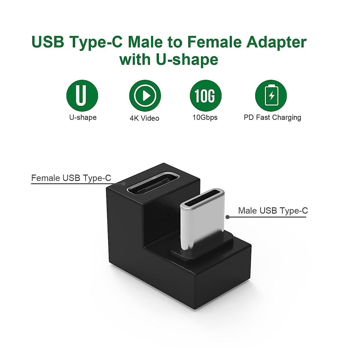 2PCS 180° USB C Female to Male Adapter. Type C U-Shape Converter Support 4K Video & Audio, 10Gbps Data Transfer & PD Fast Charger for All USB Type-C Phone Laptop Tablet. (Black)