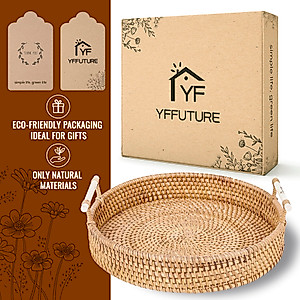 YFFuture Rattan Serving Tray – 11.5-inch Round Serving Tray with Handles – Handmade Round Rattan Tray – Decorative Tray for Coffee Table, Food Serving, Party – Round Wicker Tray for Home Decor…