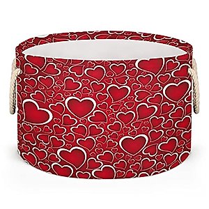Valentine's Day Red Hearts Large Round Baskets for Storage Laundry Baskets with Handles Blanket Storage Basket for Bathroom Shelves Bins for Organizing Nursery Hamper Girl Boy