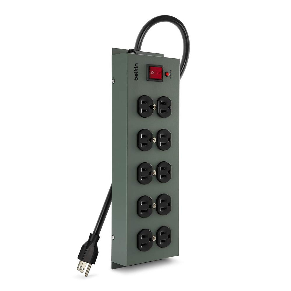 Belkin Power Strip Surge Protector - 10 AC Outlets, 15ft Heavy Duty Metal Extension Cord with Wall Mount Holes for Home, Office, Travel, Computer Desktop, Laptop & Phone Charging Brick