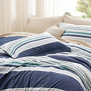 Bedsure Comforter Set Queen Size - Striped Bedding Comforter Set for Boys, 3 Pieces, 1 Soft Reversible Blue Comforter and 2 Pillow Shams