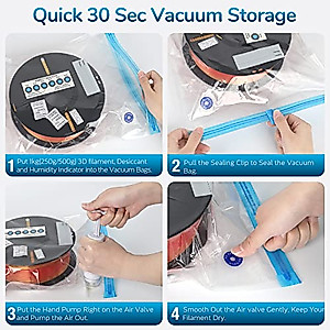 FugaCity 3D Printer Filament Storage Vacuum Bags Kit- 20Pack Reusable Vacuum Bags (PA+PE 13.8 ×12.6 in) with 20 Desiccants / 20 Humidity Cards /20 Clips/ 1 Hand Pump for Keep Filament Clean & Dry