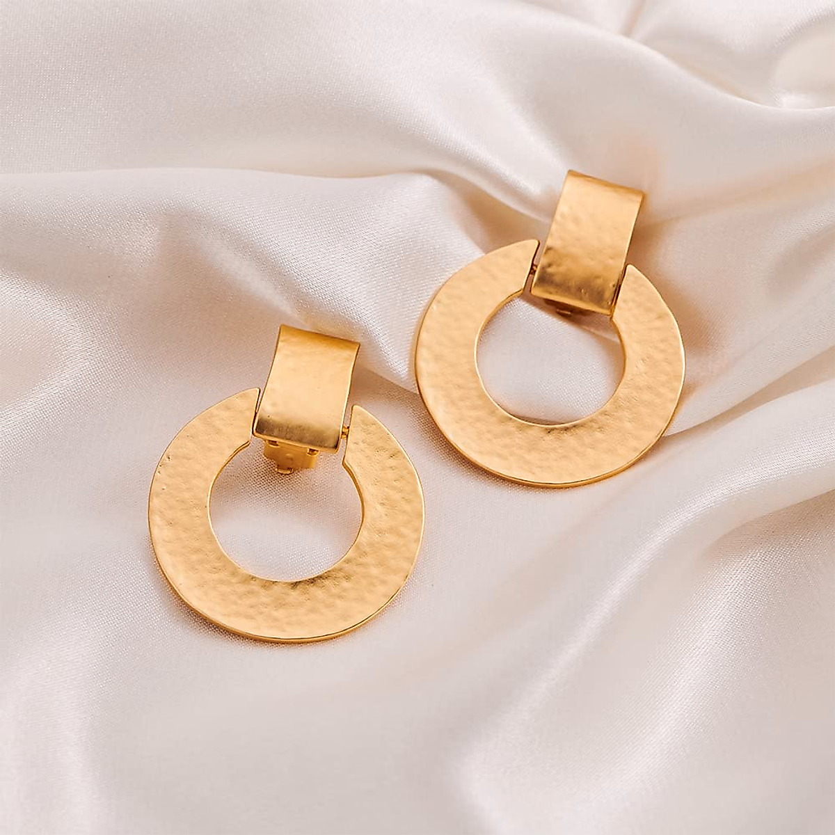 CLASSYZINT Matte Gold Clip On Earrings For Women Handmade Hammered Alloy Statement Earrings Gold Dangle Earrings Jewelry…