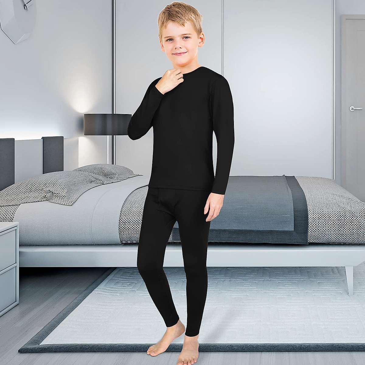 Silkfly 3 Set Boys Thermal Underwear Set Base Layer Fleece Lined Long Underwear for Kids Shirt and Pants Set for Boys Winter (Black, Medium)