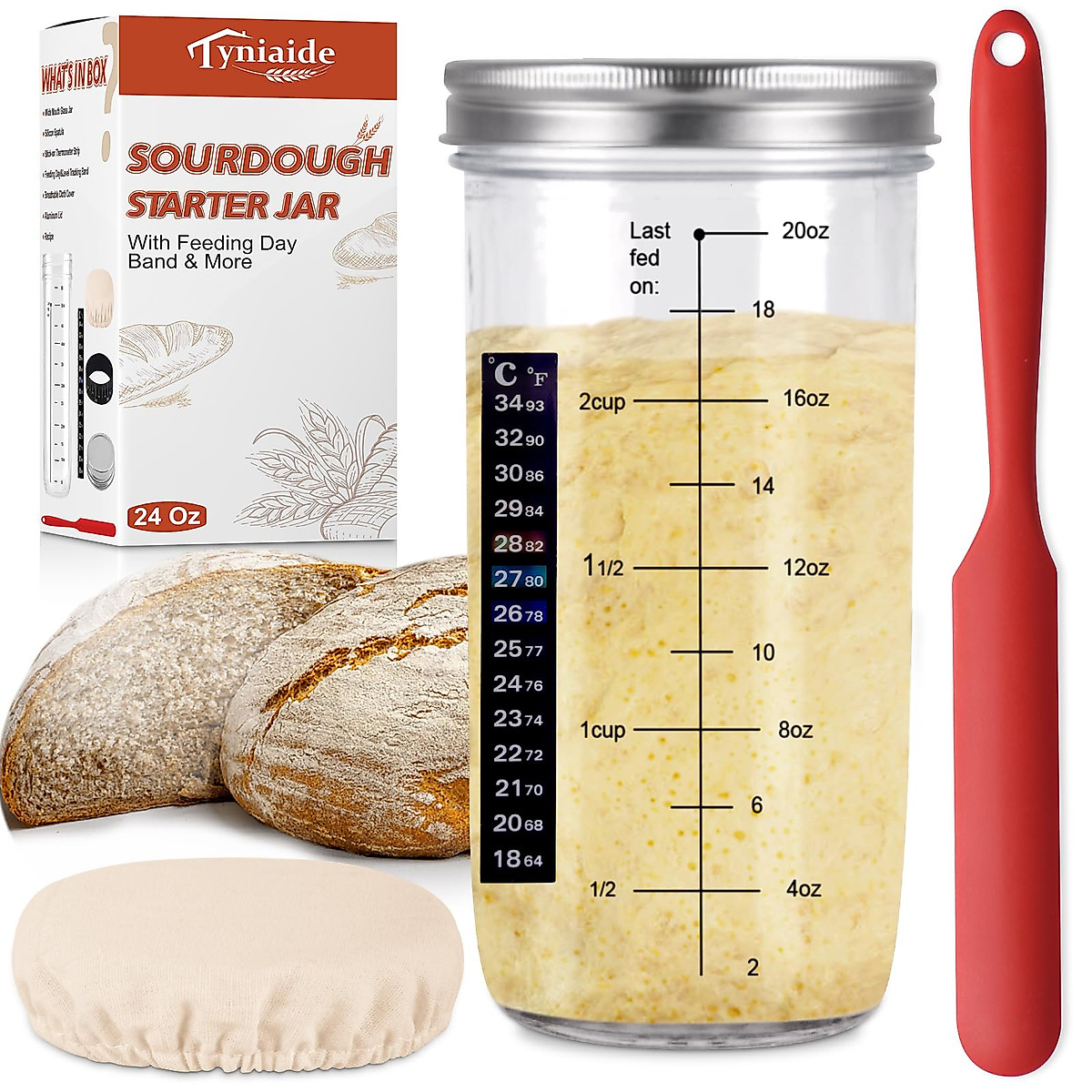 Tyniaide 24 Oz Sourdough Starter Kit – Extra Thermometer Strips and Breathable Covers Included in Sourdough Starter Jar – A Perfect Sourdough Bread Starter Kit for Beginners to Expert