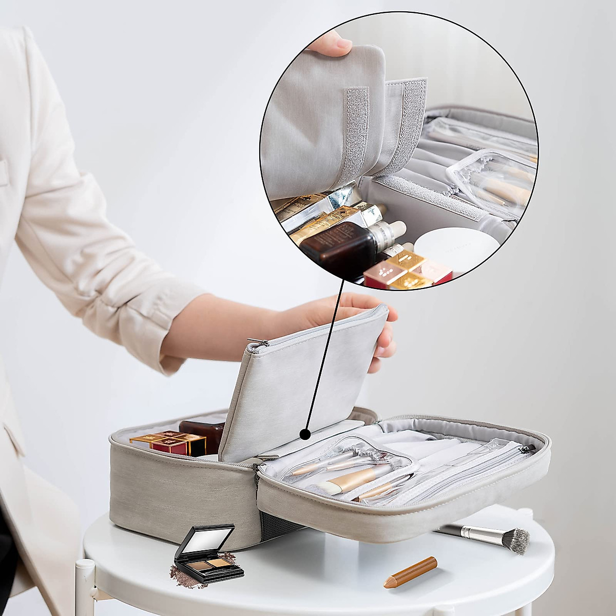 KTMOUW Makeup Bag Waterproof Cosmetic Bag Leather Makeup Travel Bag Portable Makeup Brush Bag Multifunctional Makeup Organizer Bag for Women Girls, 2-Pack, Grey