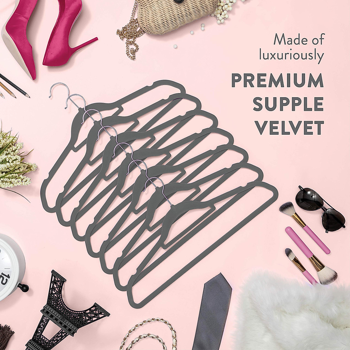 Zober Velvet Hangers 20 Pack - Clothes Hanger W/Tie Bar - Non-Slip, Swivel Hook, Slim Felt Hangers - Suits, Clothes, Pants, Coat Hanger - Gray