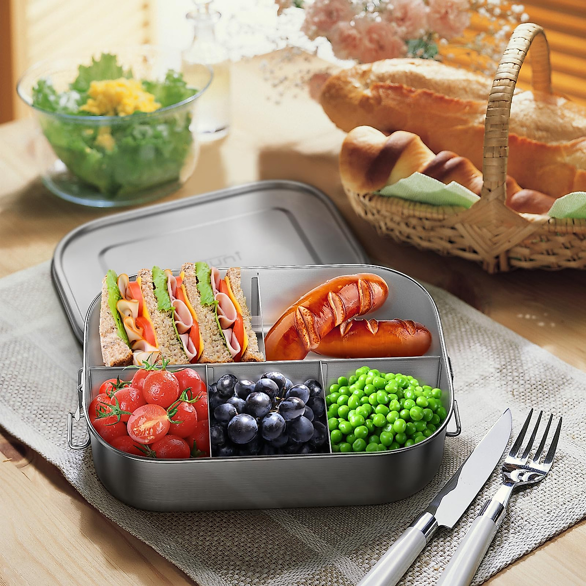 NUTUNI 47oz/1400ML Stainless Steel Lunch Box, 5 Compartments Bentobox for Kids or Adults, Metal Bento Box with Lockable Clips, Leakproof Food Storage Container for Work Lunch