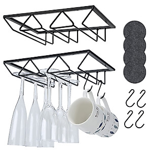 PTBeenta Wine Glass Rack, Metal Wine Glasses Holder Under Shelf & Cabinet, Hanging Stemware Rack Organizer for Bar Cabinet Kitchen, Wine Glass Drying Racks Hanger, Black, 3 Rows 2 Pack