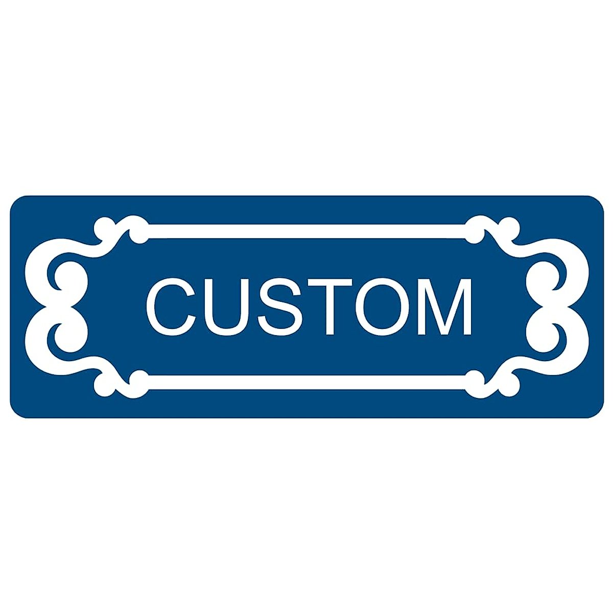 ComplianceSigns.com 8" x 3" Custom Sign with Scroll Outline, Includes Adhesive Strips, Engraved Plastic with Acrylic Core, White on Blue