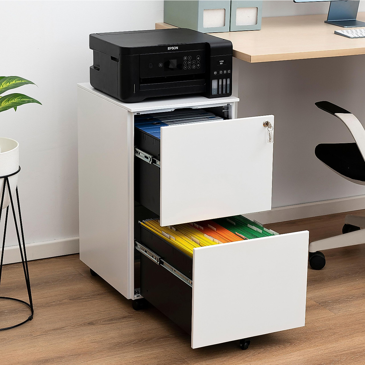 2 Drawer File Cabinet with Lock, Steel Mobile Filing Cabinet on Anti-tilt Wheels, Rolling Locking Office Cabinets Under Desk for Legal/Letter Size
