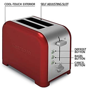 Koolatron Kenmore 2-Slice Toaster, Stainless Steel, Red and Silver, with Extra Wide Slots, Self-Adjusting Bread Guides, Defrost, Bagel and Removable Crumb Tray, Small (KKTS2SR AZ)