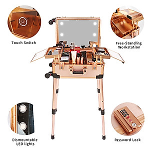 Jula Vance Medium Makeup Train Case with Code Lock, Lighted Mirror, Speaker Travel Cosmetic Organizer Box, Professional Artist Trolley Studio Free Standing Case