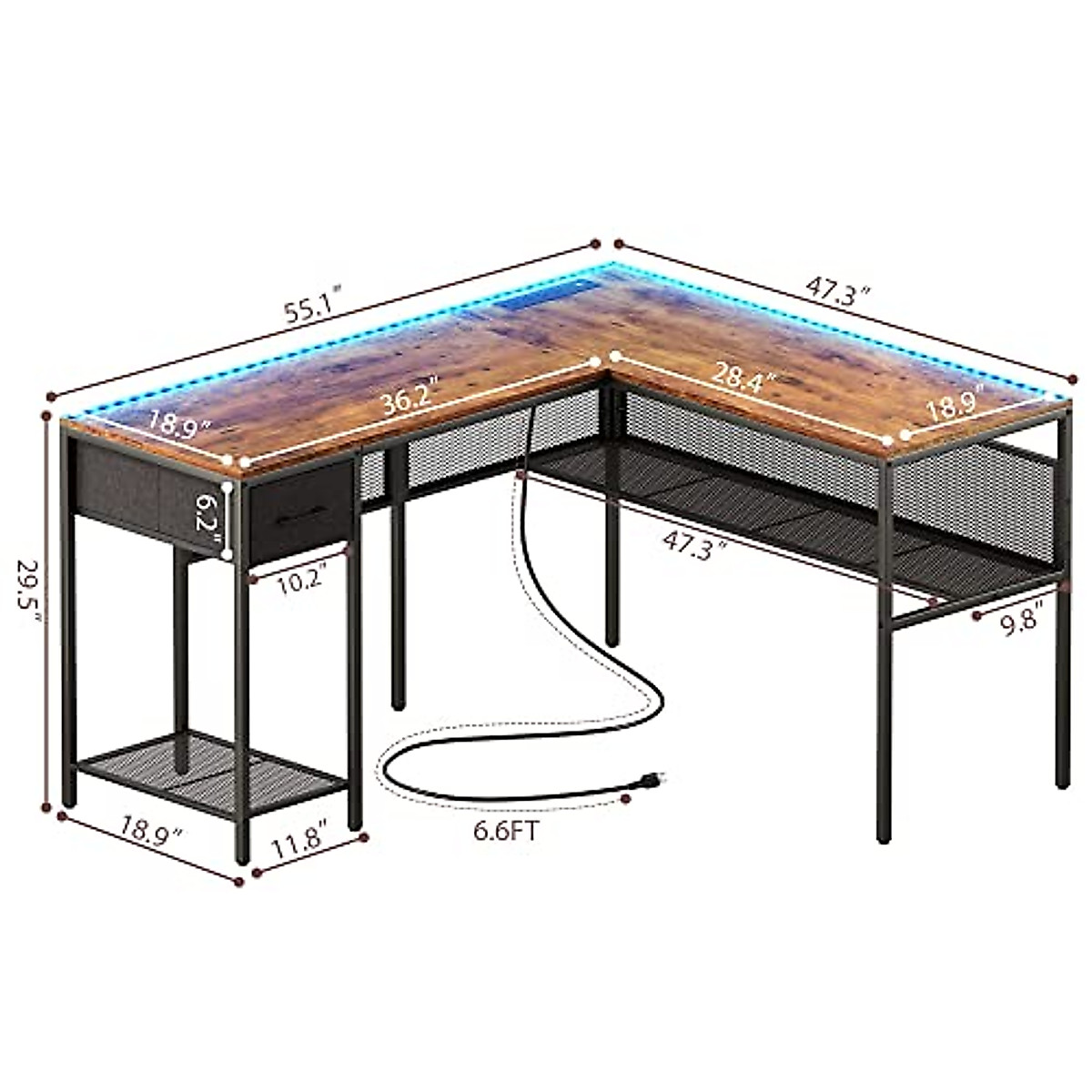SUPERJARE L Shaped Desk with Power Outlets & LED Lights, Computer Desk with Storage Shelves & Fabric Drawer, Reversible Corner Desk with Bookshelf, Home Office Desk, Rustic Brown