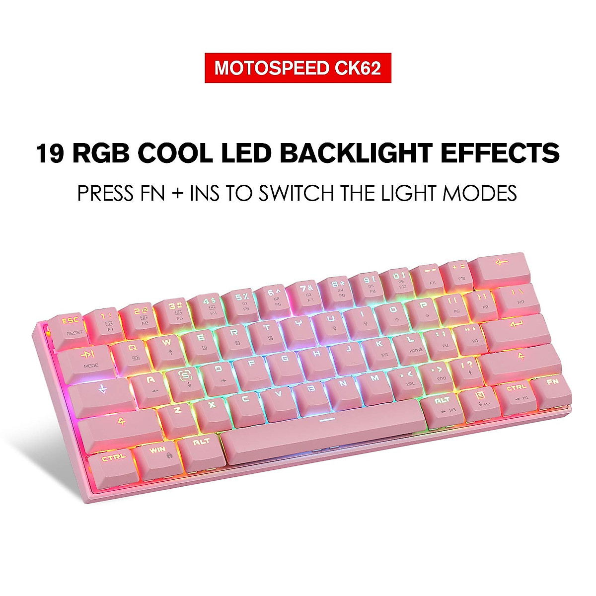 MOTOSPEED Bluetooth/Wired 60% Pink Mechanical Keyboard Compact 61 Keys RGB LED Backlit Type-C Gaming/Office Keyboard for PC/Mac/Laptop Gamer (Red Switch)
