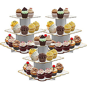 Cupcake Stand,3 Set of Square 3-Tier Dessert Plates Mini Cakes Fruit Candy Display Tower Cookie Tray Rack Candy Buffet Holder Cake Stand Cardboard Cupcake Stand Tiered Serving Stand (White)