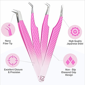M LASH - V3 Tweezer Set Diamond Grip NANO Fiber Tip - Volume & Classic Eyelash Extensions - Japanese Steel Lash Tool (PW-Ombre)