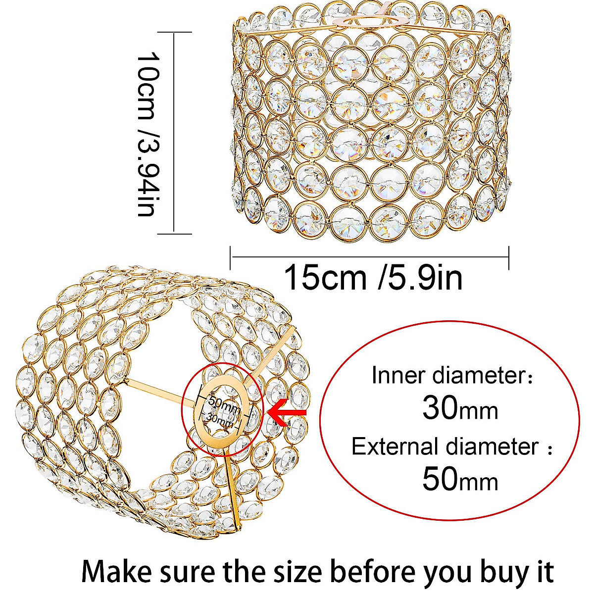 Crystal Lamp Shade Ceiling Light Shade Fitting for Living Room, Bedroom and Bathroom, Warm White, Bulb Not Included (Gold, 5.9 x 5.9 x 3.94 Inch)