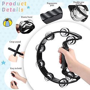 Yeshone 6 Pcs Tambourines for Adults, Hand Held Half Moon Tambourine Foot Tambourine with Bells Wood Rhythm Sticks Egg Shakers Musical Hand Percussion Instrument Set for Party Music Supplies (Black)
