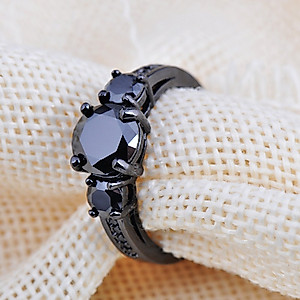JunXin Round Cut Black Gold Three-stone Diamond Anniversary Ring Black Onyx Size6/7/8/9/10(7)