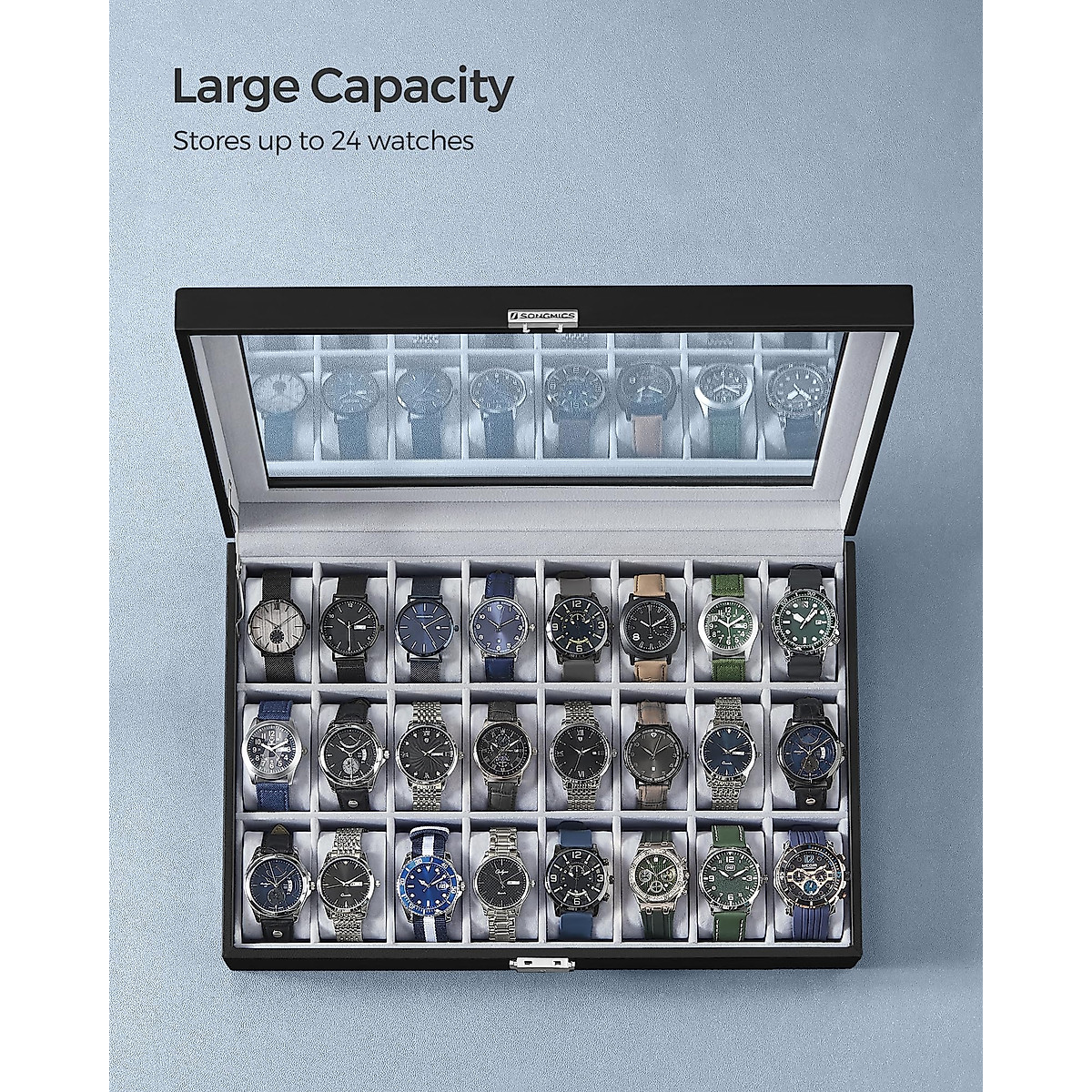 SONGMICS Watch Box, 24-Slot Watch Case, Lockable Watch Storage Box with Glass Lid, Gift Idea, Ink Black Synthetic Leather, Gray Lining UJWB024