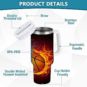 RPLIFE Fire Water Basketball Stainless Steel Coffee Tumbler, Insulated Coffee Cups with Lids, Tumblers for Women