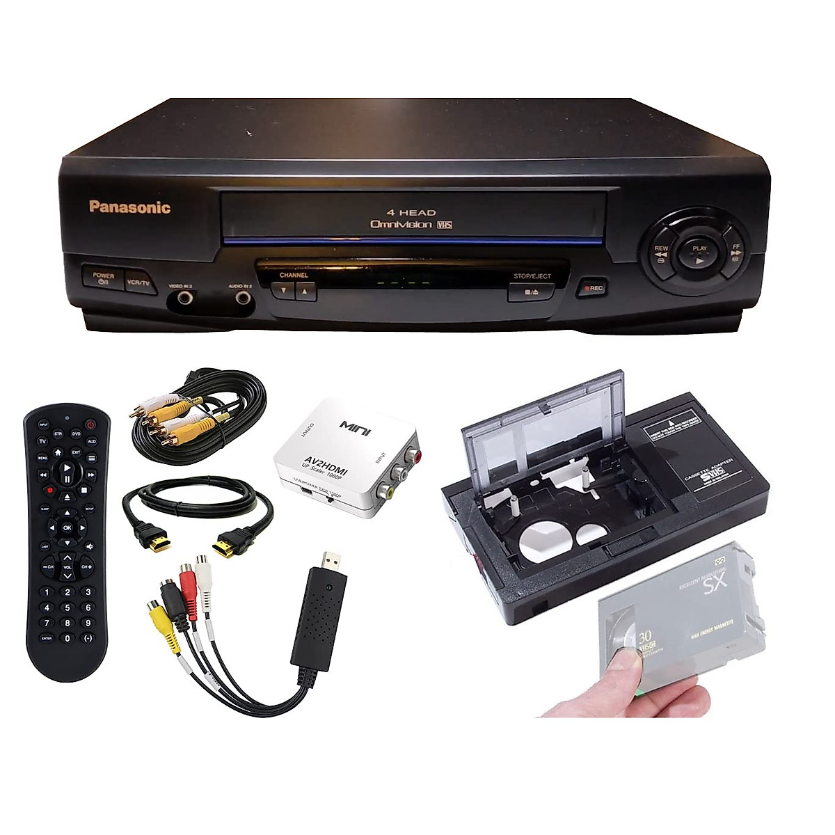 Panasonic VCR and VHS-C Adapter for VHS to DVD Transfer w/Remote, USB, HDMI (Mono)