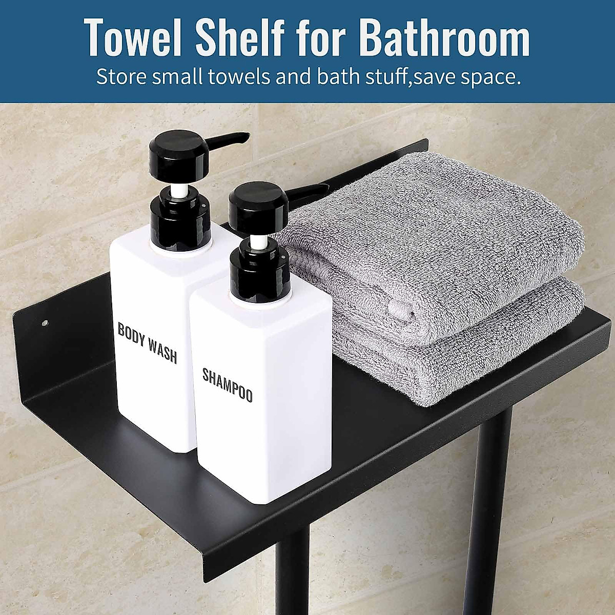 Towel Rack Wall Mounted,Bathroom Rolled Towel Holder,Adhesive Metal Black Shelf Towel Hanger,Nails Free Bath Blanket Storage,Stainless Steel Shower Hooks Towel Organizer,Home Bathroom Accessories Set