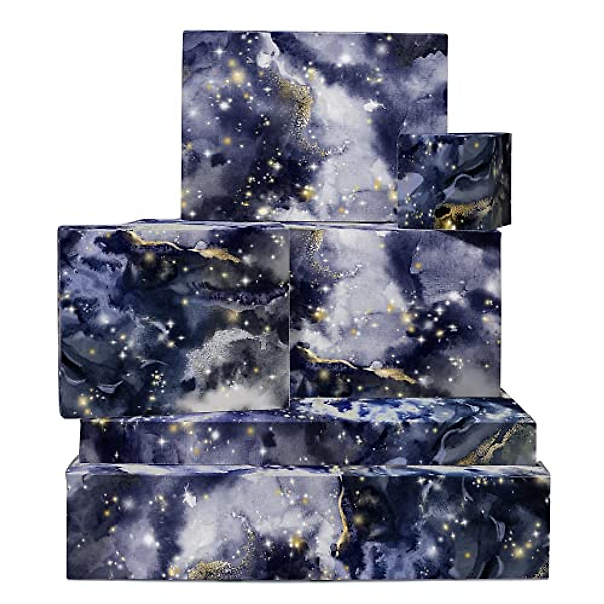 CENTRAL 23 Galaxy Wrapping Paper - Blue And Gold Wrapping Paper - 6 Sheets Gift Wrap - Watercolor Night Sky - Space Themed Gifts - Comes With Fun Stickers