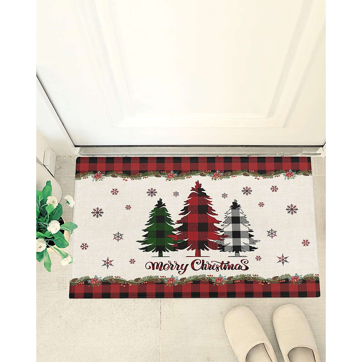 Indoor Doormat Xmas Tree Winter Snow,Shaggy Floor Mat with Non-Skid Backing Pine Cones Red Black Buffalo Check,Machine Washable Plush Area Rug Carpets for Kitchen Nursery Bedroom 16x24in