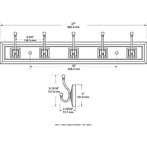 Brainerd R46121Y-WSN-L Five Arch Hook 27-inch Wide Architectural Hat and Coat Rail/Rack