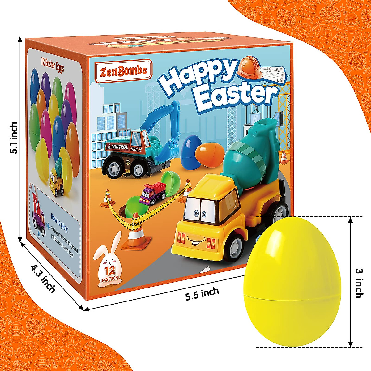 ZenBombs Easter Eggs 12 Plastic Easter Eggs Filled with Pull-Back Engineering Toys Presents for Easter Egg Hunt, Birthday Party for Kids Over 3 Years Old