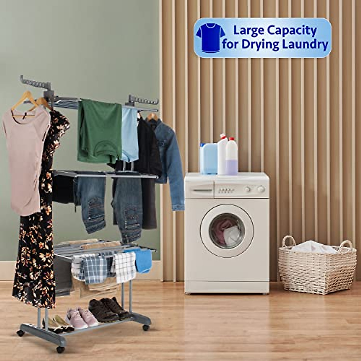 Luxe Laundry Premium Clothes Drying Rack - 4-Tier Foldable Stainless Steel & Collapsible Drying Rack - Free Standing & Easy to Assemble Indoor Laundry Drying Rack for Garments and Clothing, Gray/Gray