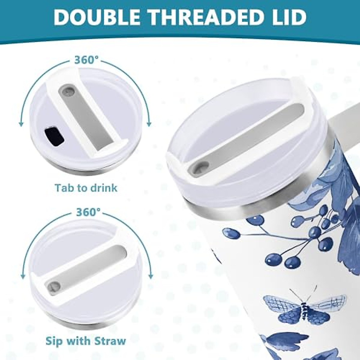 RPLIFE Blue and White Floral Tumbler with Handle and Straw, Stainless Water Bottle, Insulated Cups with Lids, Tumbler for Men