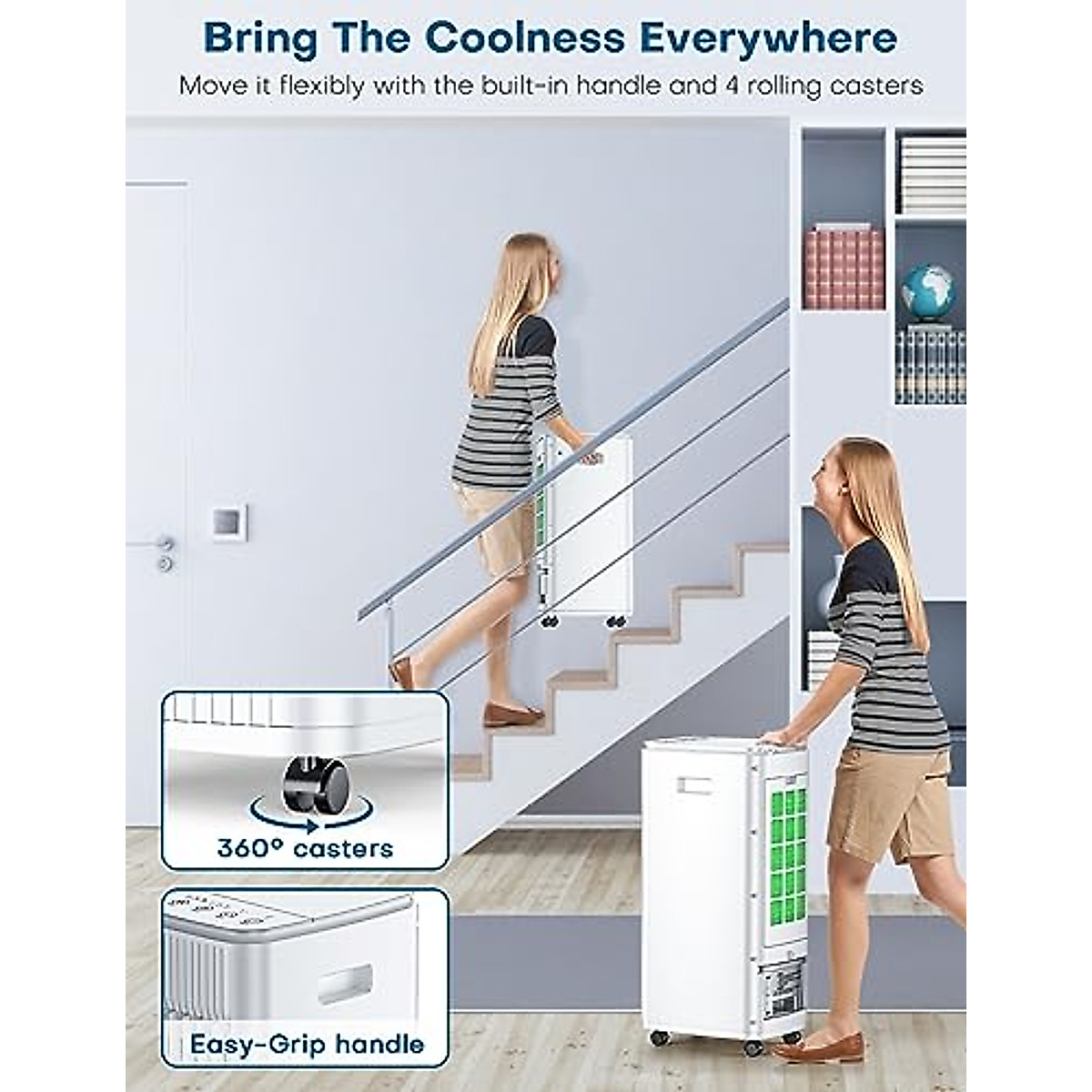 TEMEIKE 3-IN-1 Evaporative Air Cooler, Swamp Cooler Air Conditioner Portable for 1 Room w/Remote, 3 Speeds & 2 Modes, 70° Oscillation & 7H Timer, Windowless Evaporative Cooler for Indoor Office Home