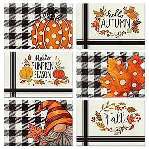 Hello Fall Pumpkin Maple Leaves Gnomes Buffalo Plaid Placemats Set of 6 for Dining Table 12 x 18 Inch Seasonal Autumn Harvest Holiday Rustic Vintage Thanksgiving Table Mats
