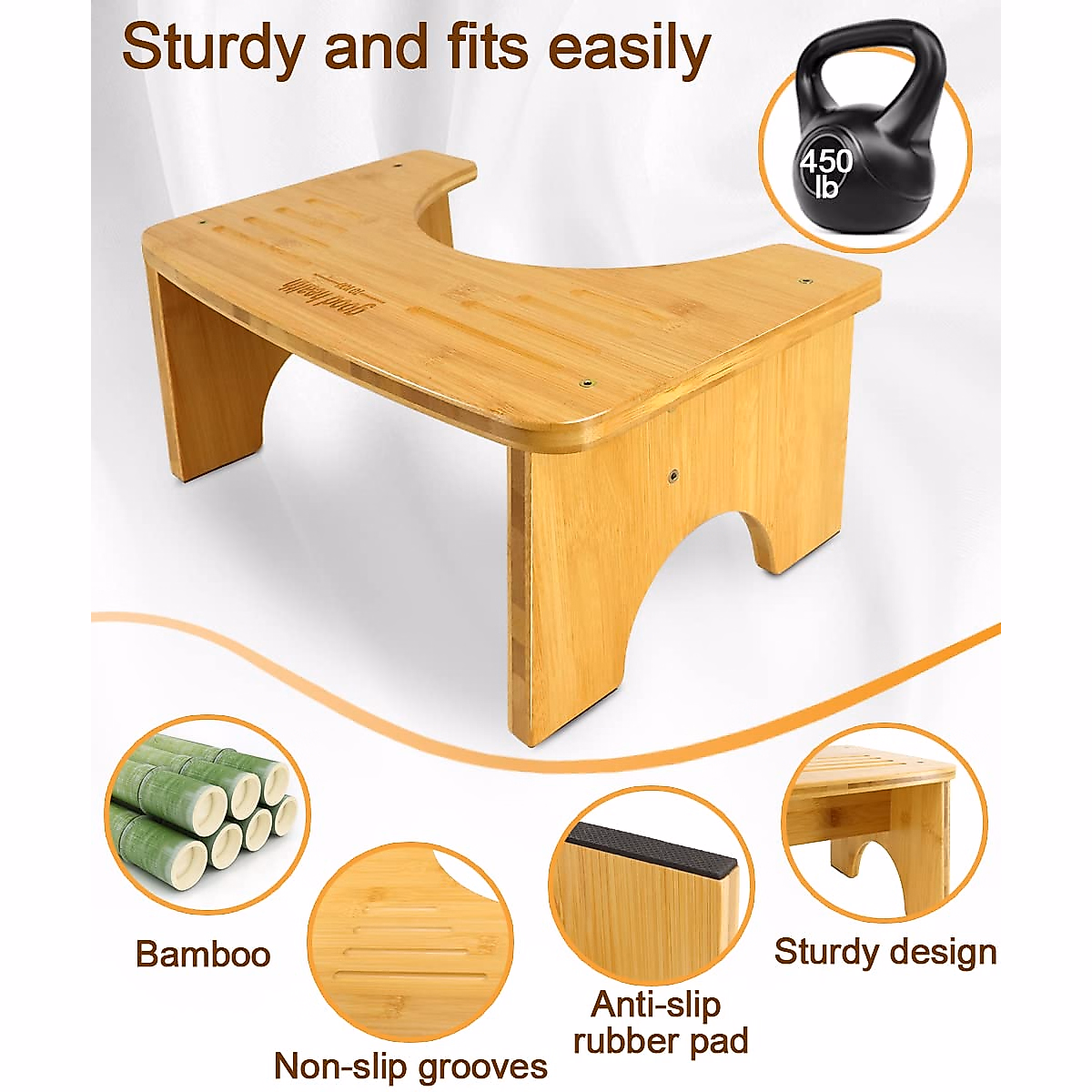 Squat Toilet Stool for Adults,Bamboo Poop Stool for Bathroom Sturdy and fits Easily,Waterproof and Non Slip Squat Stool Adult Bamboo Toilet Stool, 450 lbs Capability(7" Natural Color)