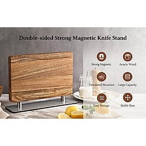 Strong Double Sided Magnetic Knife Block Without Knives, with Acacia Wood+430 Stainless Steel Base，Magnetic Universal Stands with Strong Enhanced Magnets Strip Kitchen Storage Cutlery Large Organizer